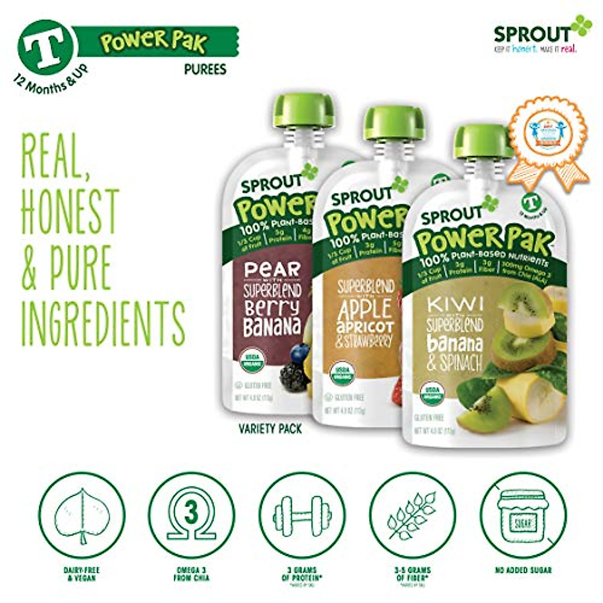 Sprout Organic Baby Food, Stage 4 Toddler Pouches, Apple Apricot Strawberry, Kiwi Banana Spinach, Pear Berry Banana Variety Pack, 4 Oz (6 Each)