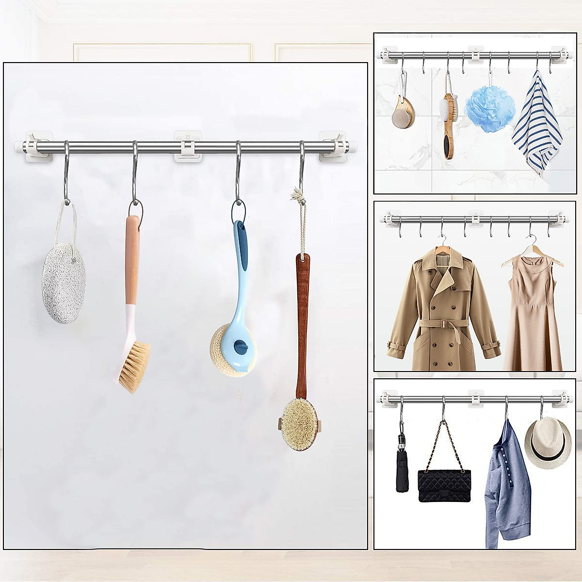 AKEISI Kitchen Utensil Rack,Kitchen Rail 2-Pack 16.7~30inch telescopic bathroom rack, Rail Rack Organizer for Hanging Knives Hanging Pot Rack Utensil Holder with 16 Hooks.