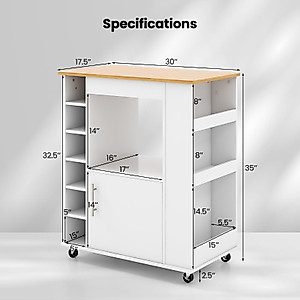 Giantex Kitchen Island, Mobile Kitchen Cart with Storage Cabinet, Bamboo Top, 6-Bottle Wine Rack, 3 Tier Spice Rack, Towel Holder, Rolling Microwave Cart for Dining Room Coffee Bar, White