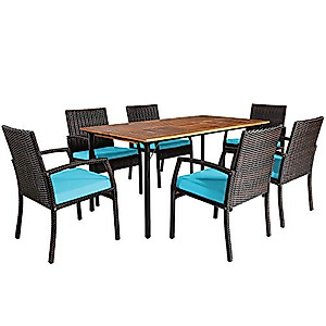 Tangkula 7 Pieces Patio Dining Set, Acacia Wood Wicker Dining Furniture Set with Steel Frame & Umbrella Hole, Outdoor Dining Table Chair Set with Removable Cushions for Backyard, Garden (Turquoise)