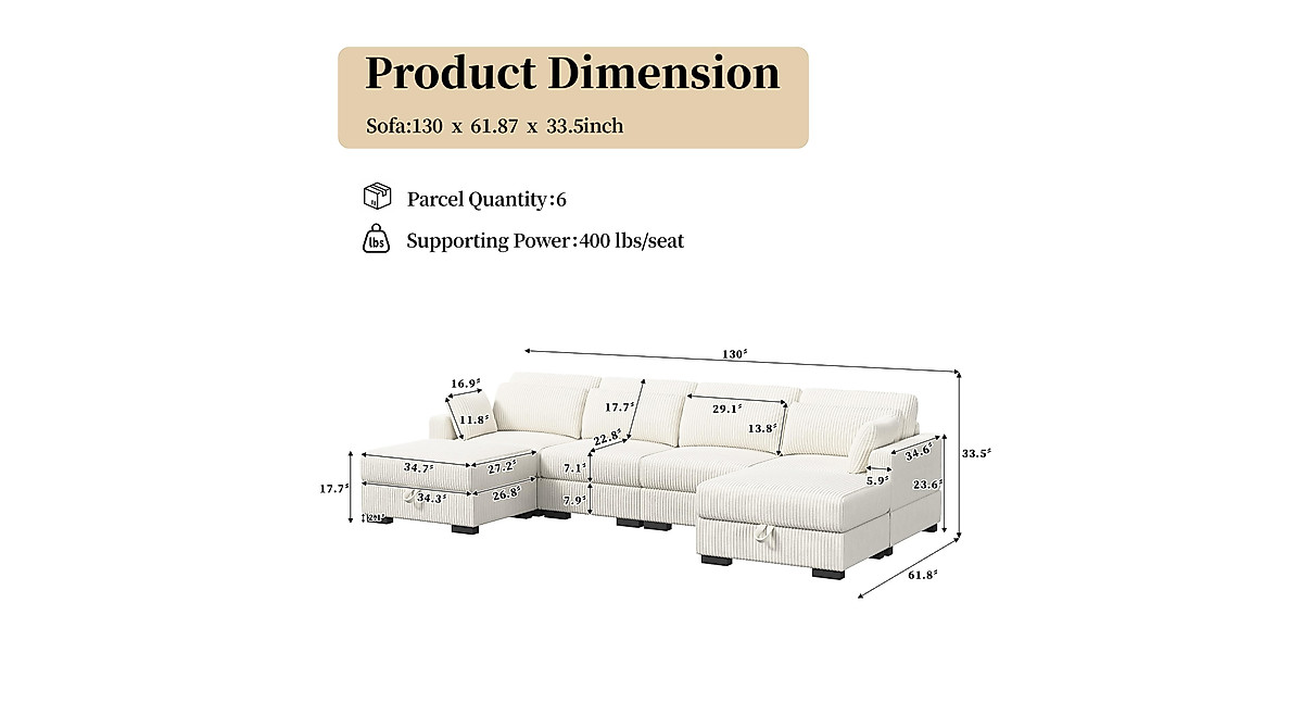 Nynsley 130 Inch Sectional Couches for Living Room,6 Seater Lounge Sofa ...