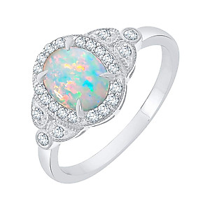 KATARINA Diamond and Oval Cut Opal Fashion Ring in Sterling Silver (1 cttw, J-K, SI2-I1) (Size-6)