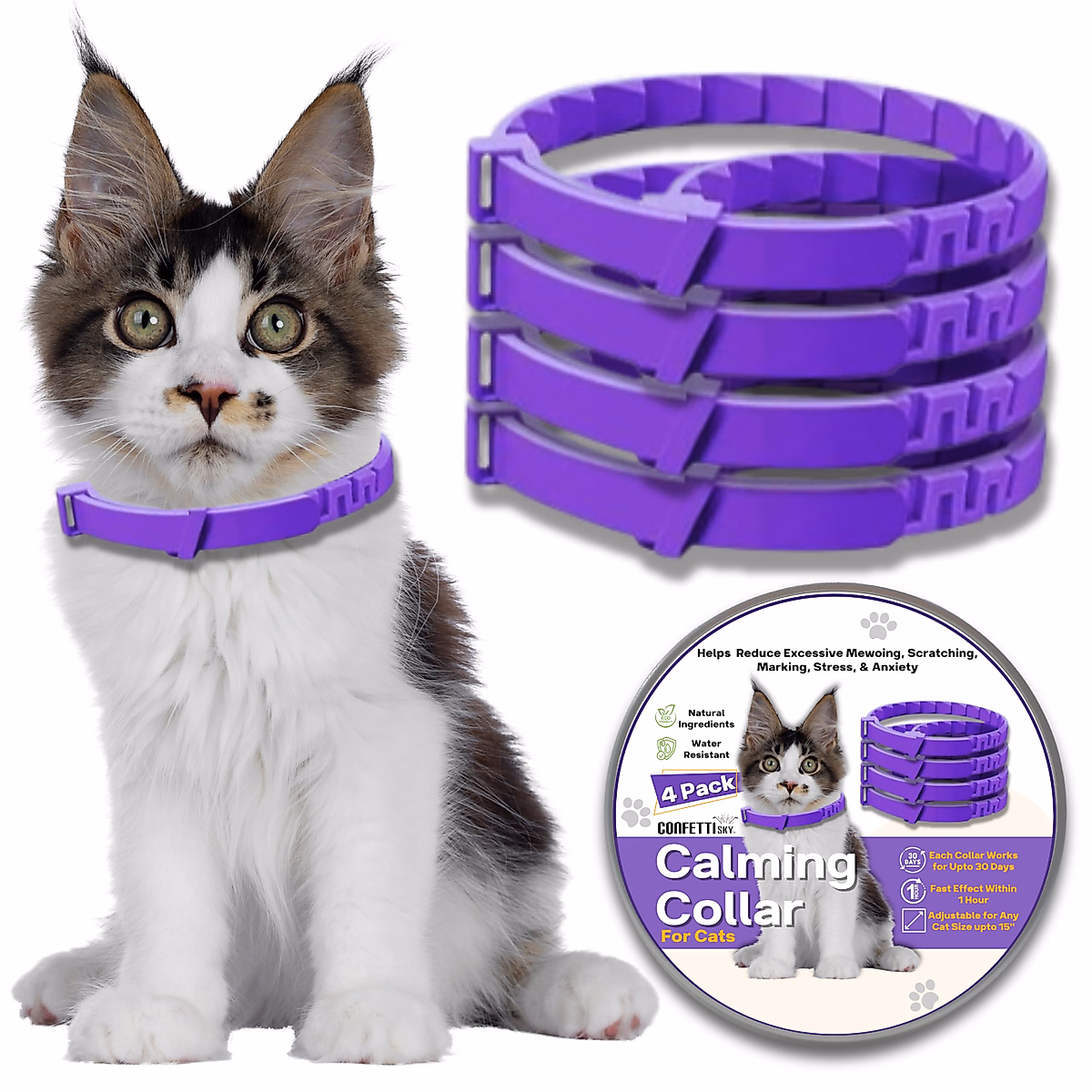 Confetti Sky Calming Collar for Cats [4 Pack] for All Cats Size and Breed | Adjustable & Breakaway Design | Cat Pheromone Collar for Stress and Anxiety Relief | Lasts up to 30 Days