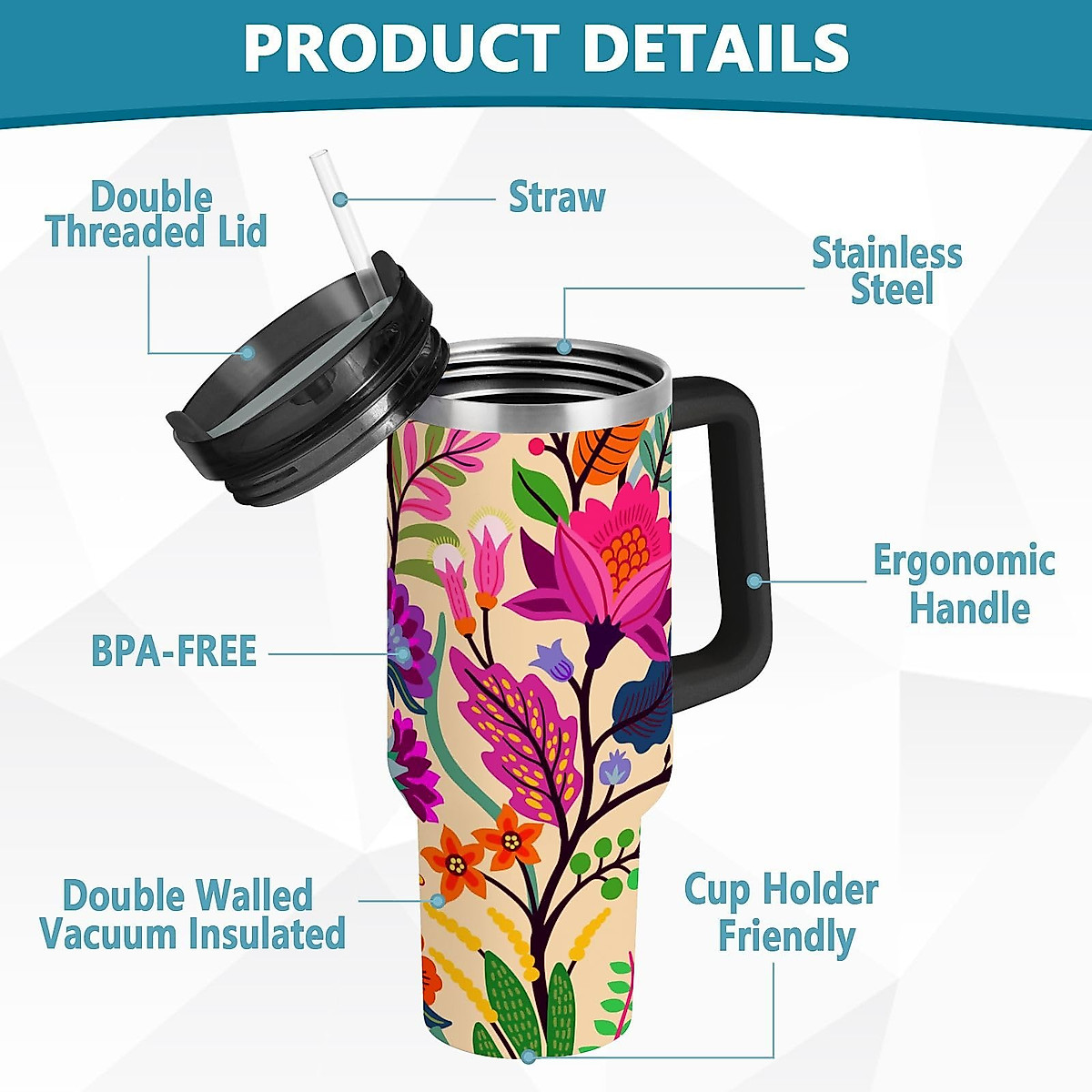 Yasala Car Tumbler with Handle Rainbow Flower Cartoon Flora Travel Mug Coffee Cup Insulated Beverage Container Mega Cup for Hot Cold Drinking Thermos Water Bottle Cupholder Friendly 40 oz