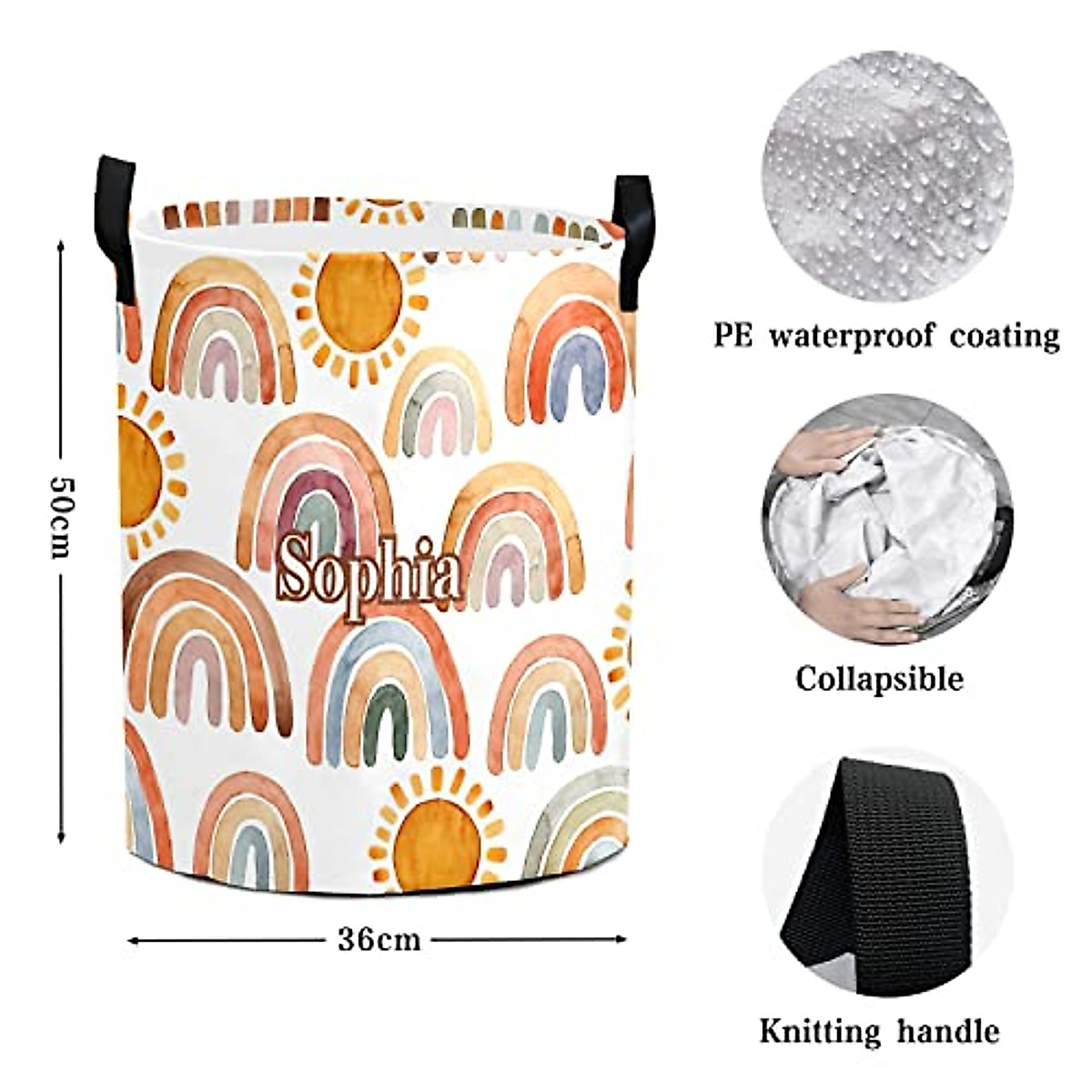 WOWPersonalTailor Rainbow Sun Laundry Hamper Basket Custom Name Collapsible Storage Bin Waterproof Clothes Storage Basket Room Decor Dirty 19.69inch(height) x 14.17inch(diameter)