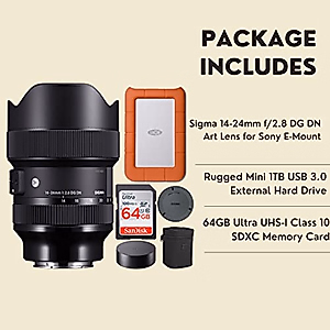 Sigma 14-24mm f/2.8 DG DN Art Lens for Sony E-Mount with 1TB Hard Drive and 64GB SD Card Bundle (3 Items)