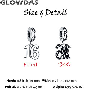 16 Birthday Dangle Charms fits Pandora Anniversary Bracelet, 925 Sterling Silver 16th Celebration Pendant Beads with CZ, Sweet Number 16 Years Gifts for Sister/Daughter/Son