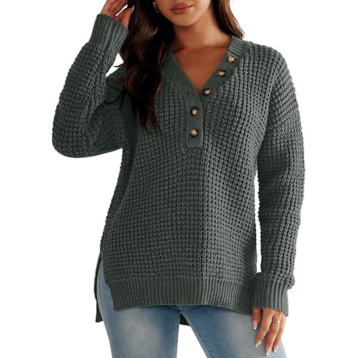 ANRABESS Womens Oversized Sweater Long Sleeve Loose V Neck Button Jumper Casual Waffle Side Slit Knit Pullover 2024 Clothes X-Large Gray Green