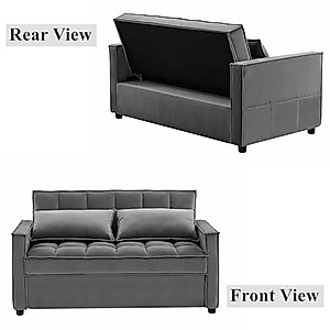 Gagawin Convertible Sofa Bed, 3-in-1 Pull Out Sleeper with 2 Pillows and Side Pockets, Soft Velvet Futon Loveseat Pull Out Bed Couch for Living Room, No.1-Gray