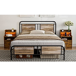 IKIFLY Metal Queen Size Platform Bed Frame with Industrial Wood Headboard/Footboard, Strong Metal Slats, Easy Assembly, Noise-Free, No Box Spring Needed - Wood Brown