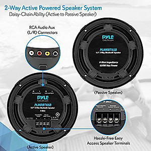 Pyle 6.5 Inch Bluetooth Marine Speakers - 2-way IP-X4 Waterproof and Weather Resistant Outdoor Audio Dual Stereo Sound System with 600 Watt Power and Low Profile Design - 1 Pair - PLMRBT65B (Black)