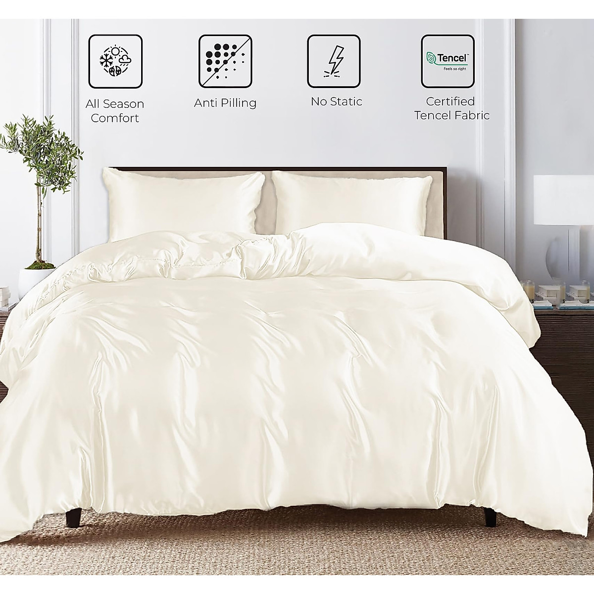 Linenwalas Tencel Lyocell Duvet Cover Set with Deep Pocket Fitted Sheet, Viscose Made from Eucalyptus Soft, Lightweight and Breathable Complete Bedding Set (Ivory, Queen)