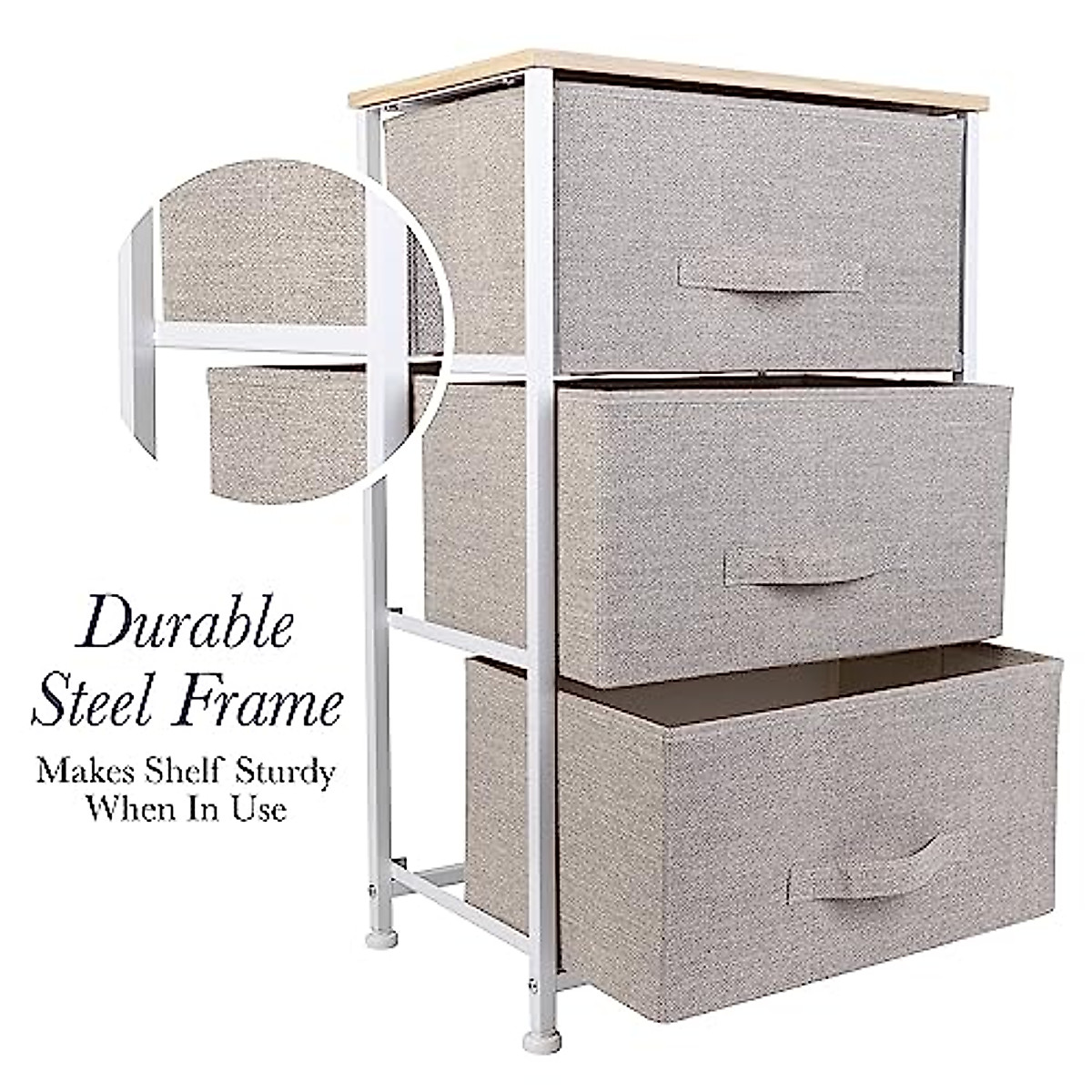 Simplify 3 Tier Vertical Storage Chest | Dresser | Nightstand | Fabric Drawers | Sturdy Steel Frame | Organizer | Bedroom | Closet | Easy to Assemble | Beige