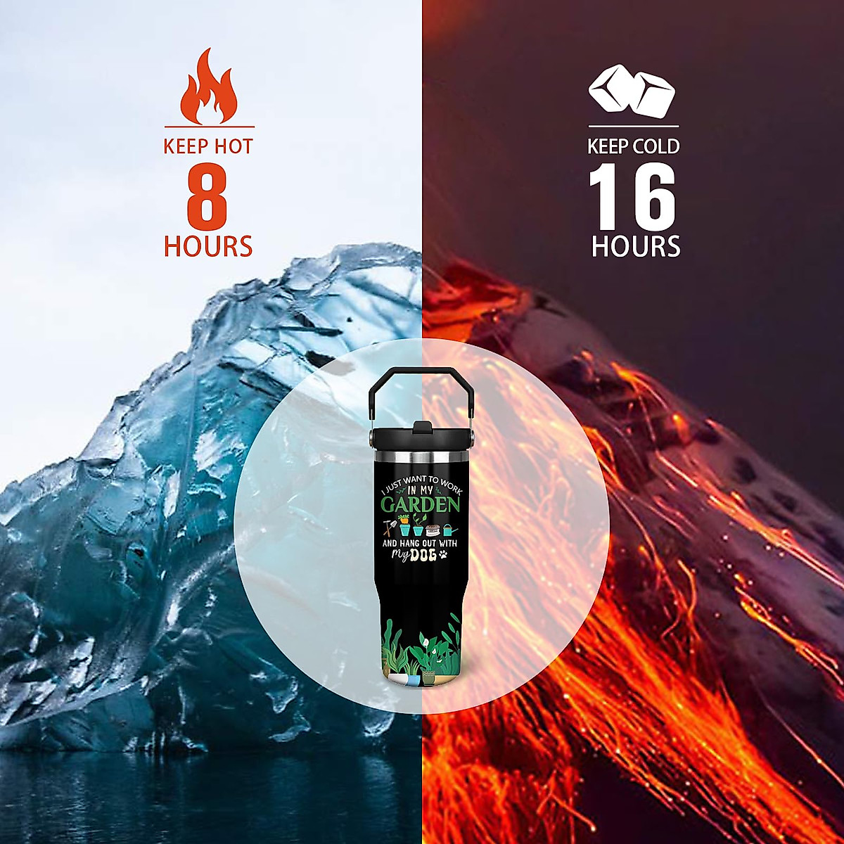 30oz Plant Tumbler with Handle and Straw, Black Plant Stainless Steel Vacuum Insulated Flip Straw Coffee Cups Spill Proof Travel Mug, Plant Gifts for Plant Lovers Gardeners, Gardening Gifts for Women