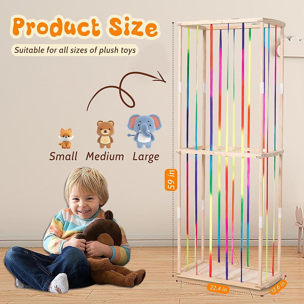 HAHASOLE Stuffed Animal Toy Storage Organizer, 59" Tall Wooden Large Stuffed Animal Holder with Rainbow Elastic Rope and Star String Lights, Zoo Cage for Nursery, Play Room, Bedroom…