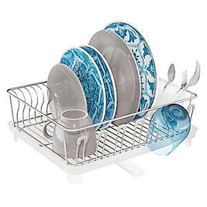 mDesign Alloy Steel Sink Dish Drying Rack Holder with Plastic Swivel Spout Drainboard Tray - Dish Rack/Dish Drainer Storage Organizer for Kitchen Counter - Concerto Collection, Chrome/Clear