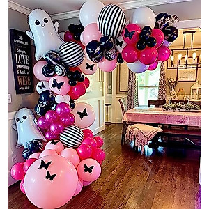 Pink Halloween Party Decorations for Girls, 139PCS Pink Black Purple Balloons Arch Kit with Bat Ghost Spider Mylar Balloon for Girls Kids Halloween Birthday Baby Shower Party Supplies…