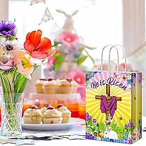 16 Pieces Easter Treat Bags Inspiring He Is Risen Sign Paper Gift Bags Cookie Egg Candy Goody Easter Bags with Double Handles for Easter Theme Bible School Party Favor