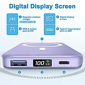 AOGUERBE Magnetic Wireless Portable Charger, 10000mAh Wireless Power Bank PD 22.5W Fast Charging with USB-C LED Display Mag-Safe Battery Pack Compatible for iPhone 14/13/12 Pro/Mini/Pro Max（Purple