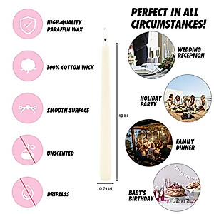 12 Pack Unscented Ivory Taper Candles - 10 Inch Tall Candle Sticks - Dripless Long Burning Candles for Dinner Table, Weddings, Home Decoration, Holidays - 10 Hour Burn Time