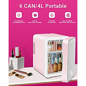 NISHCON Skincare Fridge with Dimmable LED Light Mirror, 4L/6Can Cooler Warmer Mini Fridge for Skin care Cosmetic Makeup Beauty, Portable Mini Skincare Fridge for Bedroom Dorm Office Rv and Car, Pink