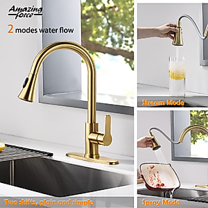 AMAZING FORCE Gold Kitchen Faucet Modern Pull Out Kitchen Faucets Stainless Steel Single Handle Kitchen Sink Faucet with Pull Down Sprayer 3 Hole Kitchen Faucet Mixer Tap 1.8 GPM