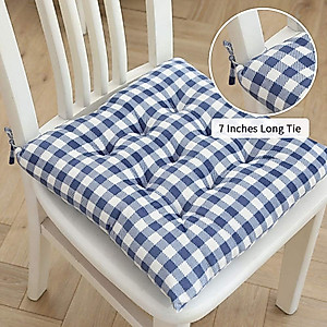 MFLASMF Set of 2 Buffalo Plaid Chair Cushions, Kitchen Chair Pads Chair Pads with Ties, Dining Chair Pads with Ties Cotton Filled Square Seat Cushion for Outdoor Home Office (Black), Blue