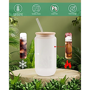 OFFNOVA 8 Pack Sublimation Glass Tumblers with Bamboo Lid and Straw, 16oz Frosted Beer Can Sublimation Tumbler Blanks Mason Jar Cups for Iced Coffee, Soda, Juice