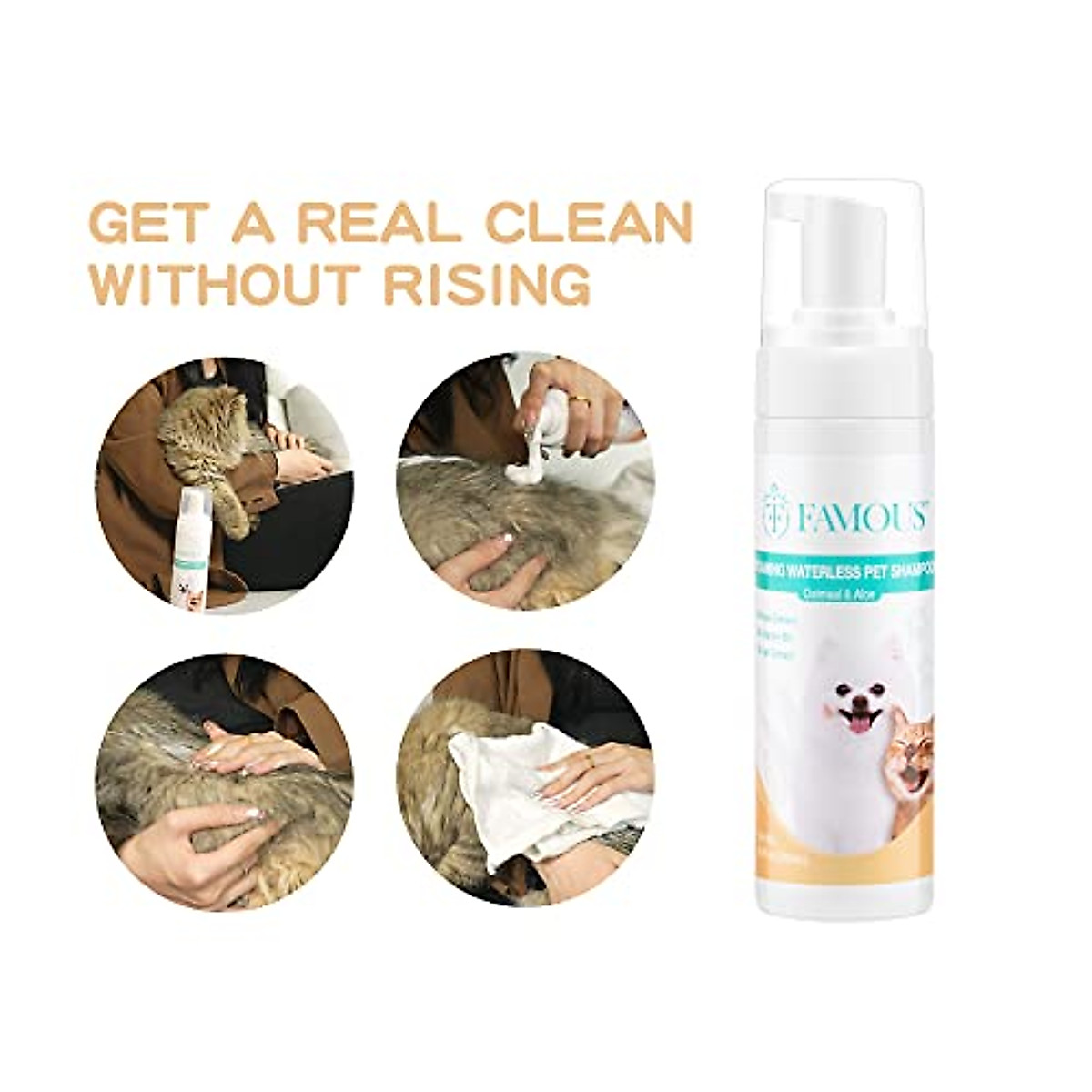 FAMOUS Waterless Cat Shampoo, Dry Shampoo for Cats, Rinse Free and Relieves Hairballs, for Smelly Pets, Natural Ingredients Pet Shampoo Without Alcohol, No Water or Rinses Needed