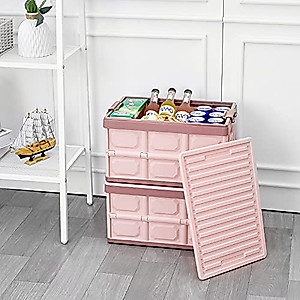 JUJIAJIA Pink Collapsible Storage Bins with Lids 2-Pack, Folding Plastic Stackable Utility Crates 30L, Durable Containers for Home & Garage Organization