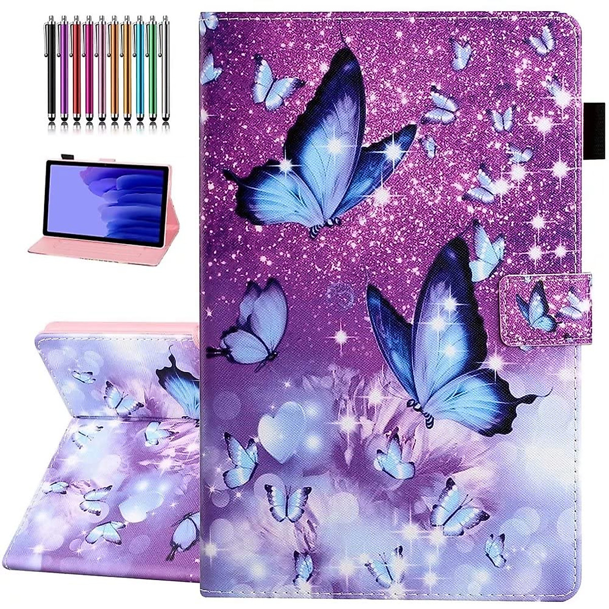 YUNHOTIC Case for Samsung Galaxy Tab A7 Lite 8.7 inch [ SM-T220/T225/T227 ] 2021 Model, Premium PU Leather Folding Stand Cover with Pen Holder & Multiple Viewing Angles - Purple Butterfly