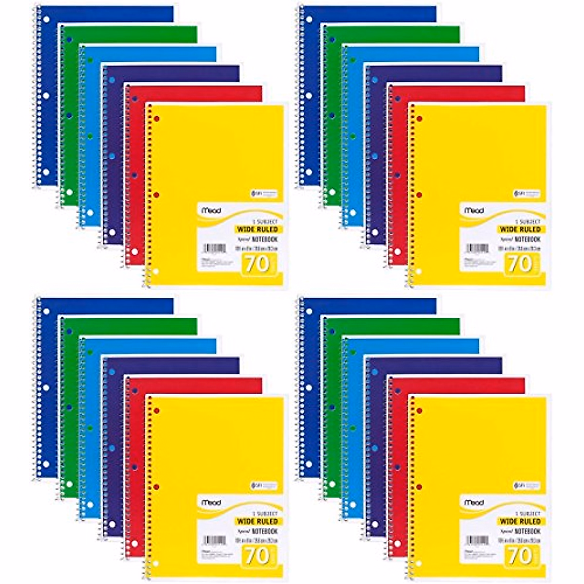 Mead Spiral Notebook, Wide Ruled, 1 Subject, 70 Sheets, 8 x 10.5 Inches, Assorted Colors (05510) Pack of 24