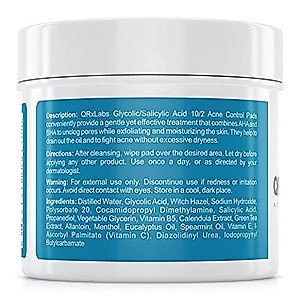 Glycolic/Salicylic Acid 10/2 Acne Control Pads with 10% Ultra Pure Glycolic Acid + 2% Salicylic Acid, Allantoin, Vitamins B5, C & E, Calendula & Green Tea - Most Effective Acne Treatment - Clear Skin
