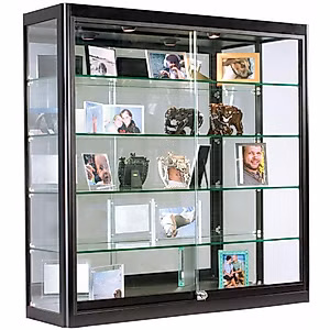 Displays2go Glass Retail Cabinet with LED Lighting, Four Tempered Glass Shelves, Sliding Lockable Doors, Aluminum Build – Black (WC3912LEDB)