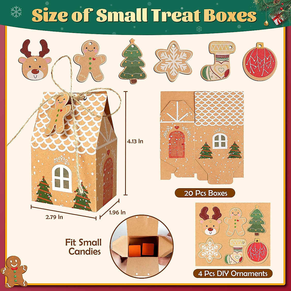 ZMLM Small Christmas Treat Boxes 20Pcs Christmas Gingerbread Boxes with 24 Ornaments Tags, Mini Christmas Gift Boxes Candy Cookie Boxes Kraft Wrapping Paper Gift Wrap Bags for Xmas Party Favors Gifts