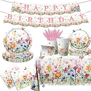 Wildflower Baby Shower Decorations,142Pcs Wildflower Baby in Bloom Plates and Napkins,Tablecloth,Cup Butterfly Floral Theme Table Decorations for Bridal Shower Birthday Party