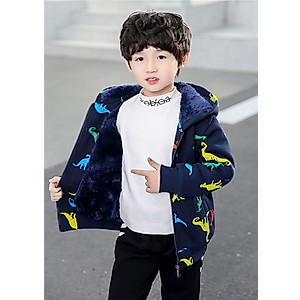 Funnymore Toddler Boy's Sherpa Fleece Lined Jacket,Navy Dinosaur Spring Fall Winter Warm Hoodie Coat Clothes 2t