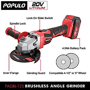 POPULO 20V Cordless Angle Grinder tool with Brushless Motor,Compatible 4-1/2 Inch Wheel,Metal Grinders W/4.0Ah Battery,Equipped 5” Grinding Wheel,Cutting Wheel,Flap Disc and Carving Disc