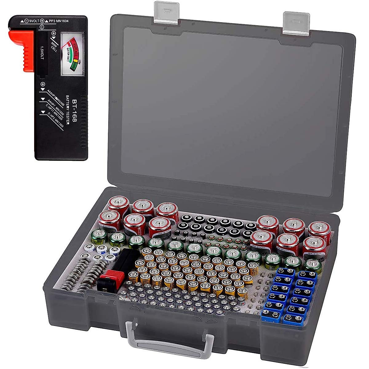 2 Pcs Battery Organizer Holder- Batteries Storage Containers Box Case with Tester Checker BT-168. Garage Organization Holds 225 Batteries AA AAA C D Cell 9V 3V Lithium LR44 CR2 CR1632 CR2032