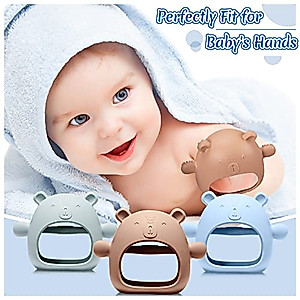 3 Pack Baby Teether Teething Toys for Babies 0-6 Months Baby Teething Toy Silicone Anti Dropping Infant Hand Teether Pacifiers Wrist Hand Chew Toys for Sucking Needs (Blue, Caramel, Green, Bear)