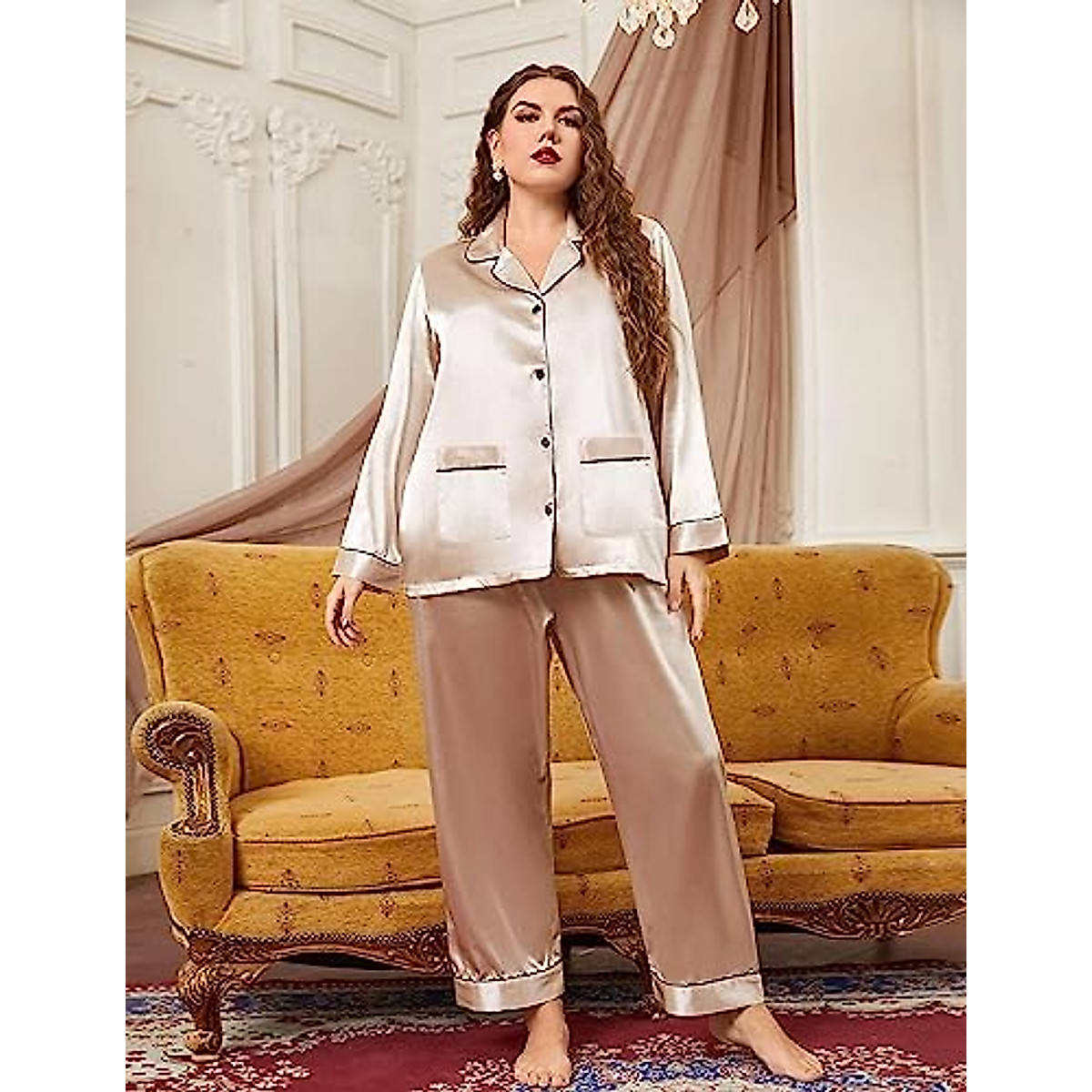 SWOMOG Women Plus Size Long Sleeve Pajamas Silk Satin Womens Pajama Sets Button Down Sleepwear Top Pj Loungewear with Pockets Champagne