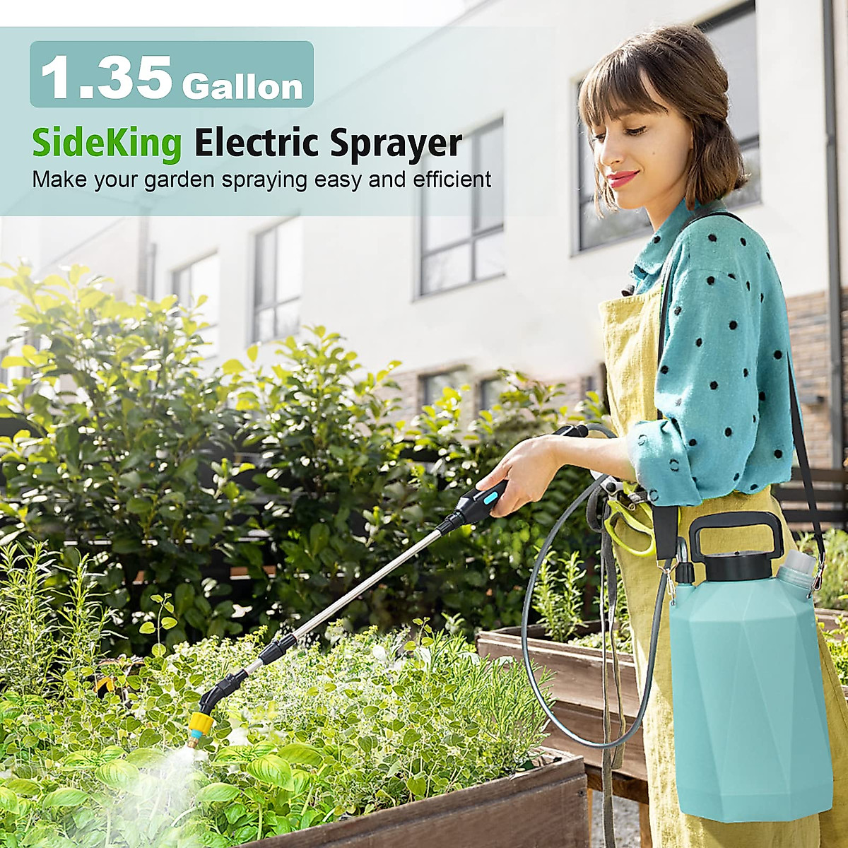 SideKing Battery Powered Sprayer 1.35Gallon/5L, Electric Garden Sprayer with USB Rechargeable Handle, Weed Sprayer with 3 Mist Nozzles, Telescopic Wand, and Shoulder Strap for Lawn and Garden