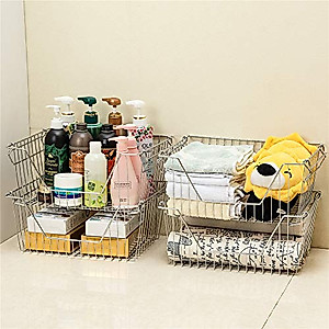 Slideep Large Stackable Storage Baskets Cabinet Organizer Sturdy Metal Wire Pantry Freezer Bin for Pantry Home Bathroom Kitchen Organization 4 Packs