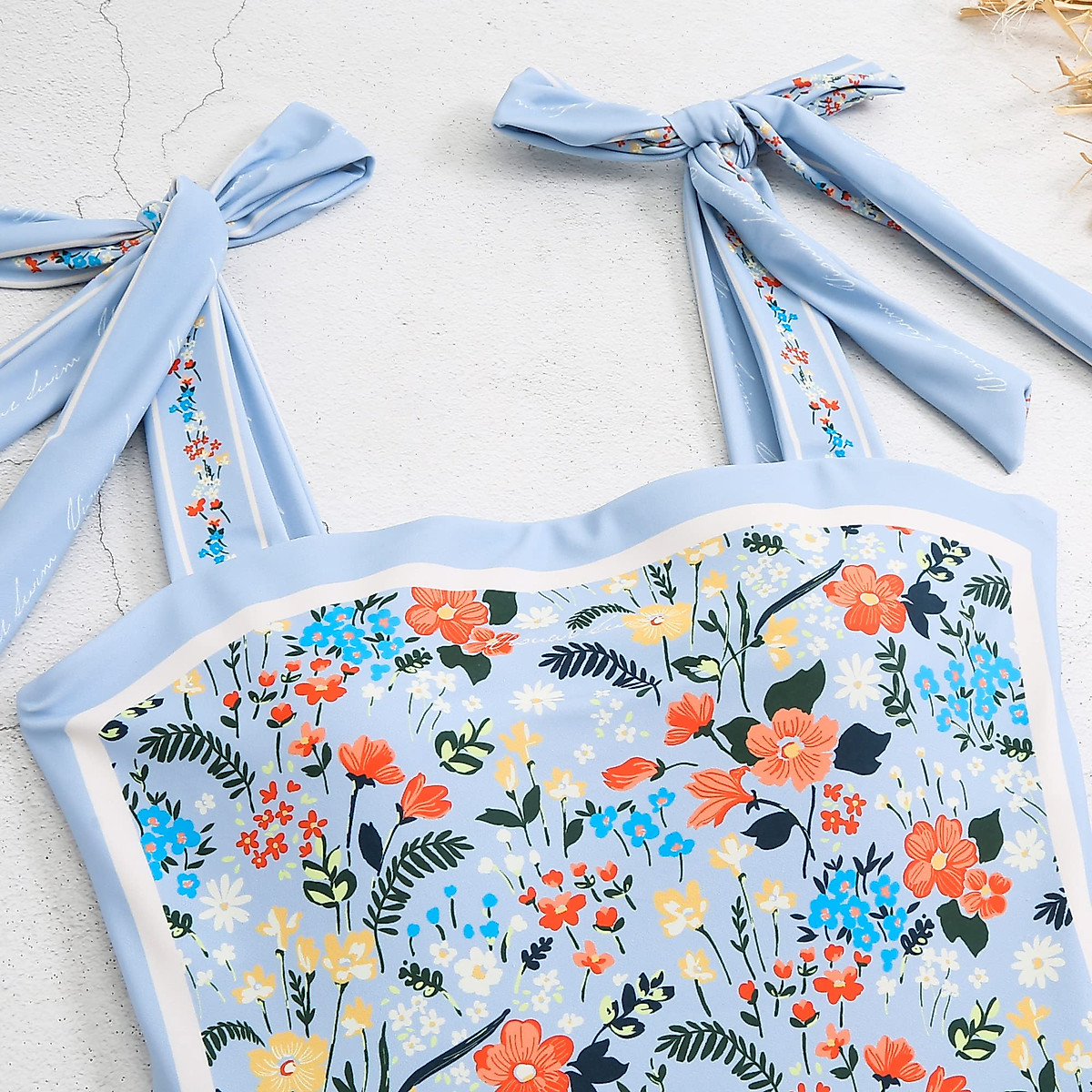 Women Floral One Piece Swimsuits, Reversible Tie Shoulder Monokini, Tummy Control Bathing Suits, Square Neck Swimwear (Medium) Blue