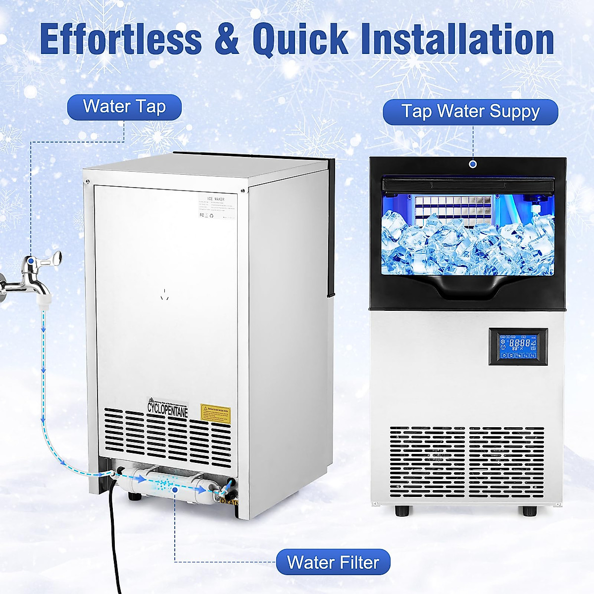 Commercial Ice Maker Machine,Freestanding/Under Counter Stainless Steel Ice Machine,100Lbs/24 Hour with 35Lbs Ice Storage Capacity, Perfect for Restaurant/Bar/Cafe/Shop/Home/Office