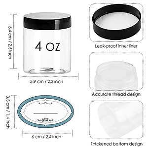 Qeirudu 4 Oz Plastic Jars with Lids 12-Pack, Empty Refillable Clear Plastic Containers with Lids and labels, Round BPA Free Containers For Slime, Scrubs, Body Butter, Lotion and other Beauty Products