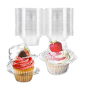 LOKQING 50 Pcs Cupcake Boxes Plastic Individual Cupcake Containers Single Cupcake Carrier with Connected Airtight Dome Lid for Party