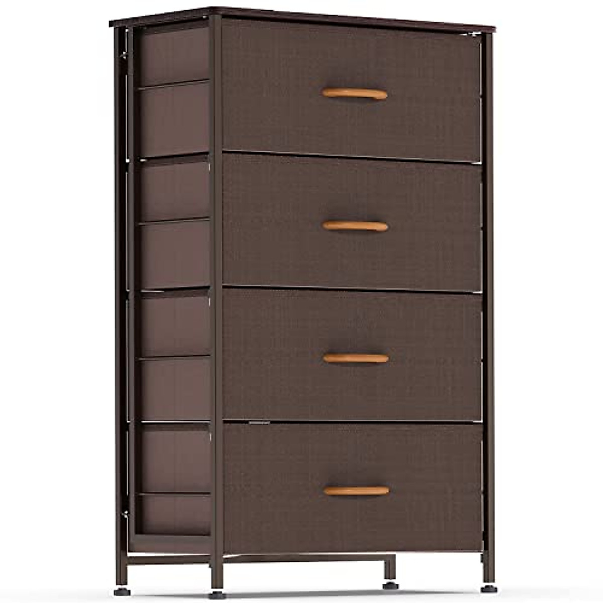 DHMAKER Fabric Dresser for Bedroom, Vertical Dresser Storage Tower, Steel Frame, Wood Top, Easy Pull Textured Fabric Bins, Organizer Unit for Bedroom, Hallway, Entryway, Closets, 4 Drawers, Coffee