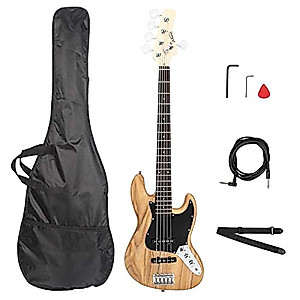 Bass Glarry Gjazz Electric 5 String Bass Guitar Full Size Bag Strap Pick Connector Wrench Tool Burlywood