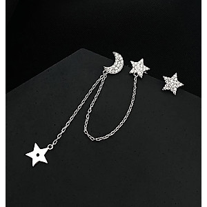 SLUYNZ 925 Sterling Silver Cuff Earrings Chain for Women Asymmetric Star Moon Earrings Crawler Earrings Dangling Chain (A-Silver)